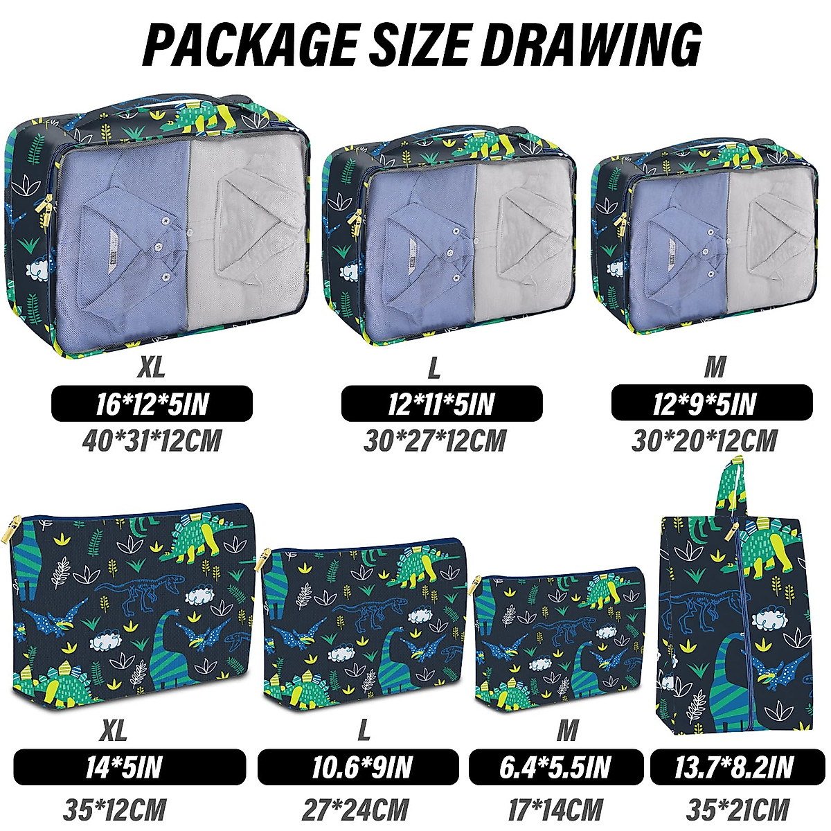 BHAHB Packing Cubes for Kids 7 Set Travel Luggage Organizers for Suitcase Travel Accessories with Shoe Bag for Women Girls Cute Aesthetic Art-Green Dinosaur