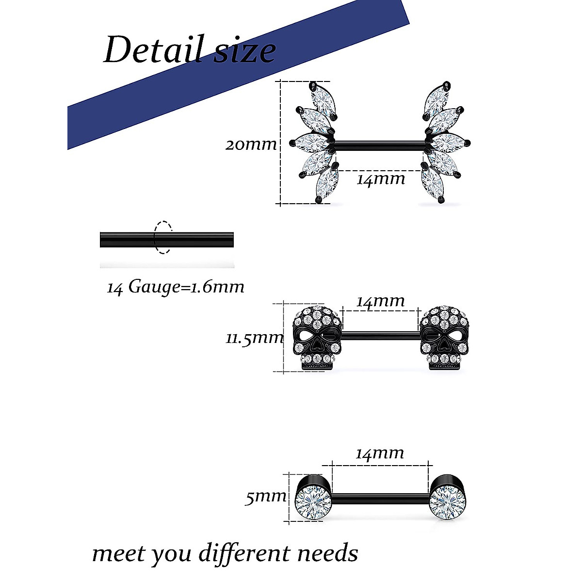 Vsnnsns 14G Nipple Rings for Women Stainless Steel Skull Nipple Rings CZ Nipple Piercing Jewelry Nipple Rings Surgical Steel Nipple Jewelry Barbell Body Piercing Jewelry Black