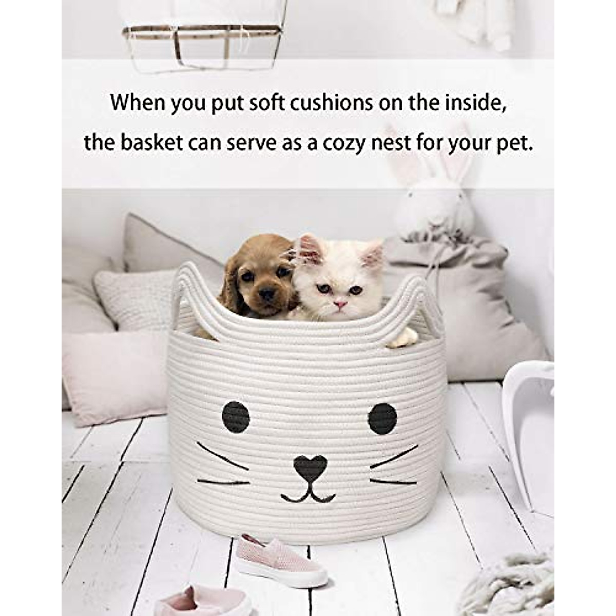 HiChen Large Woven Cotton Rope Storage Basket, Laundry Basket Organizer for Towels, Blanket, Toys, Clothes, Gifts | Pet Gift Basket for Cat, Dog - 15.7" L×11.8" H