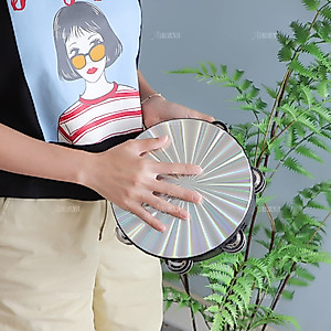 AUEAR, Double Row Jingles Handheld Tambourine Creative Wooden Drum for Adults Percussion Musical Educational Toy Party Game Church (1-Pack, 8 Inch, Reflective)