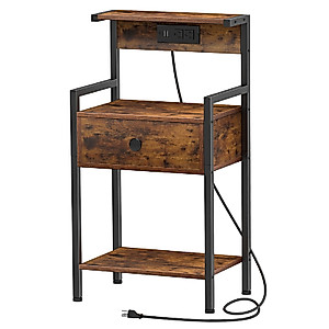 Snughome End Table with Charging Station, 3 Tier Side Table with Open Storage Shelves, Bedside Tables with Drawer, Nightstand with USB Ports & Outlets for Bedroom, Living Room