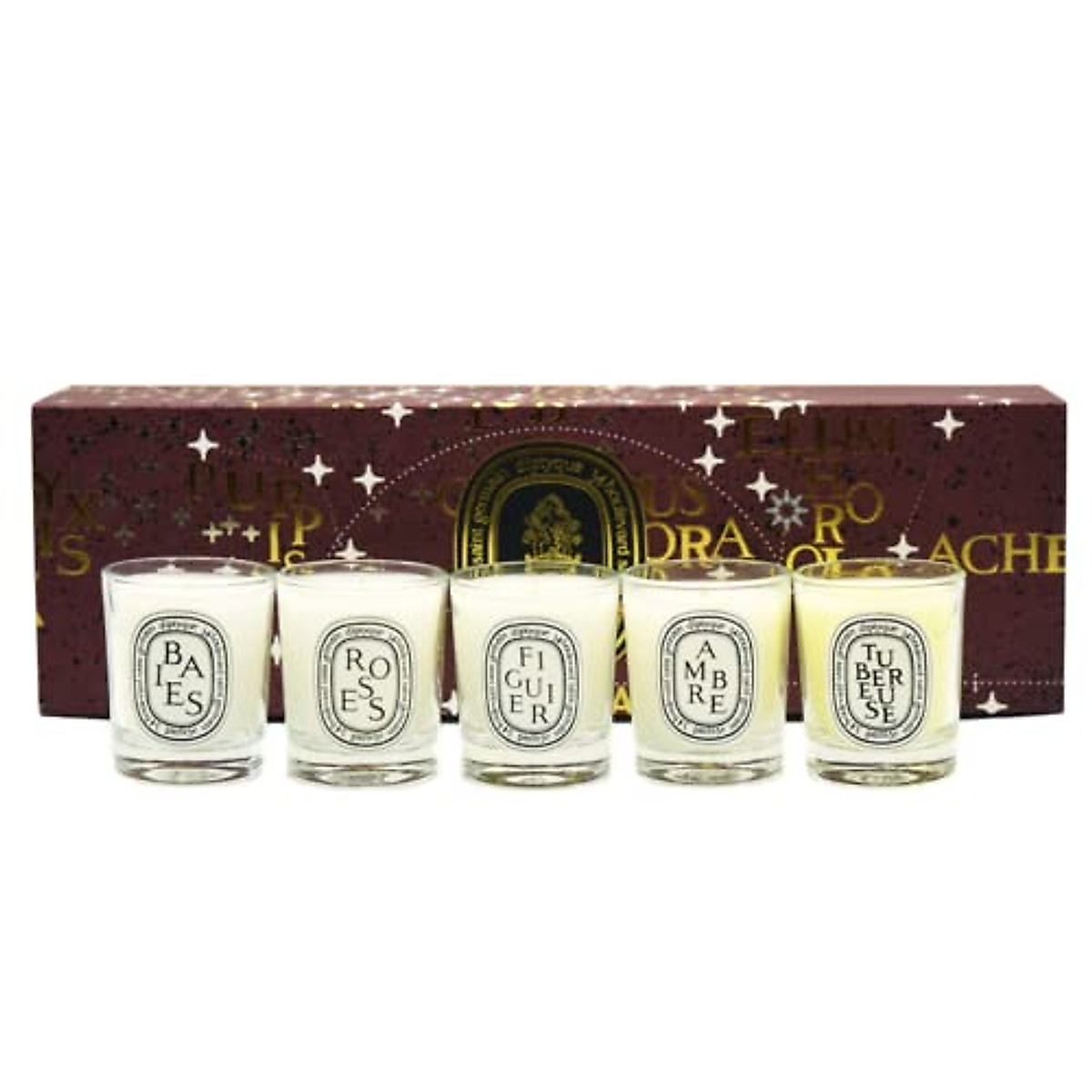 Diptyque Set of 5 35g Small Scented Candles Limited Edition Holiday Gift Set:: Baies / Berries, Roses, Figuier / Fig Tree, Ambre / Amber and Tubéreuse / Tuberose