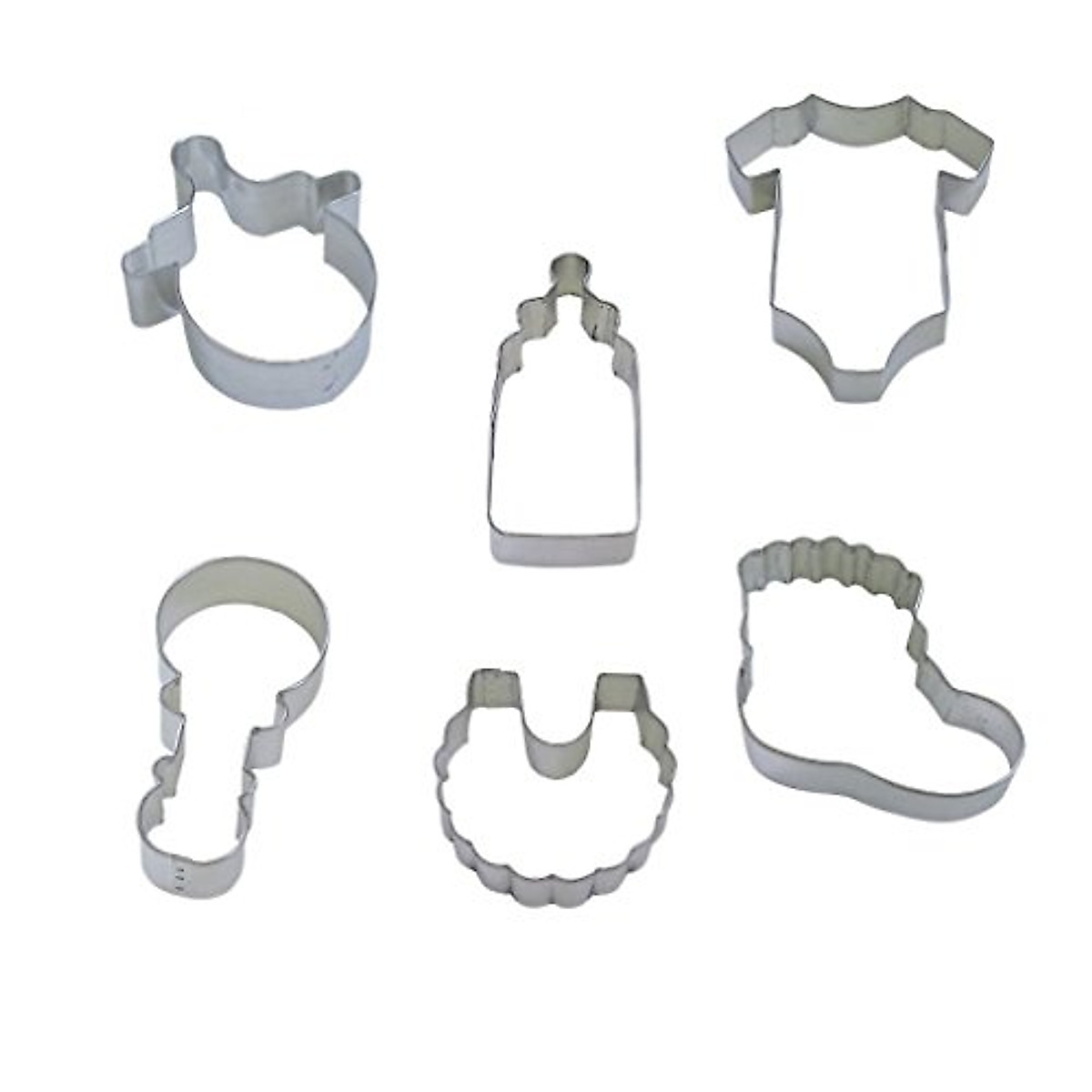 R&M International Baby Shower and Party Cookie Cutters, Bodysuit, Bottle, Pacifier, Bootie, Bib, Rattle, 6-Piece Set