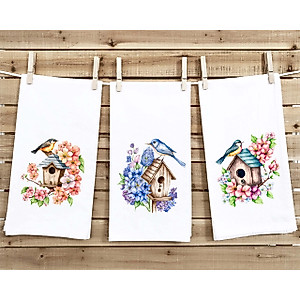 Set of 3 Birdhouse Tea Towels Cute Floral Watercolor Bird Flowers Hand Flour Sack Dish Towel Kitchen Decor Valentine's Birthday for Bird Lover