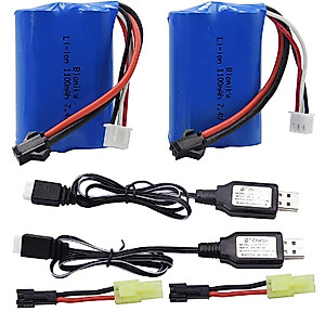 Blomiky 2 Pack 7.4V 1100mAh 8.51Wh Li-ion Rechargeable Battery with SM-2P Plug and 2 Charger Cable fit for H101 H103 RC Boat RC Car Vehicles Toy Force Battery 2