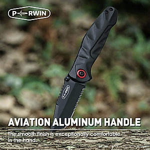 PERWIN Pocket Knife, EDC Knife with 3.1" Serrated Clip Point Blade and Aluminum Handle Small Pocket Knives for Camping Fishing Hiking