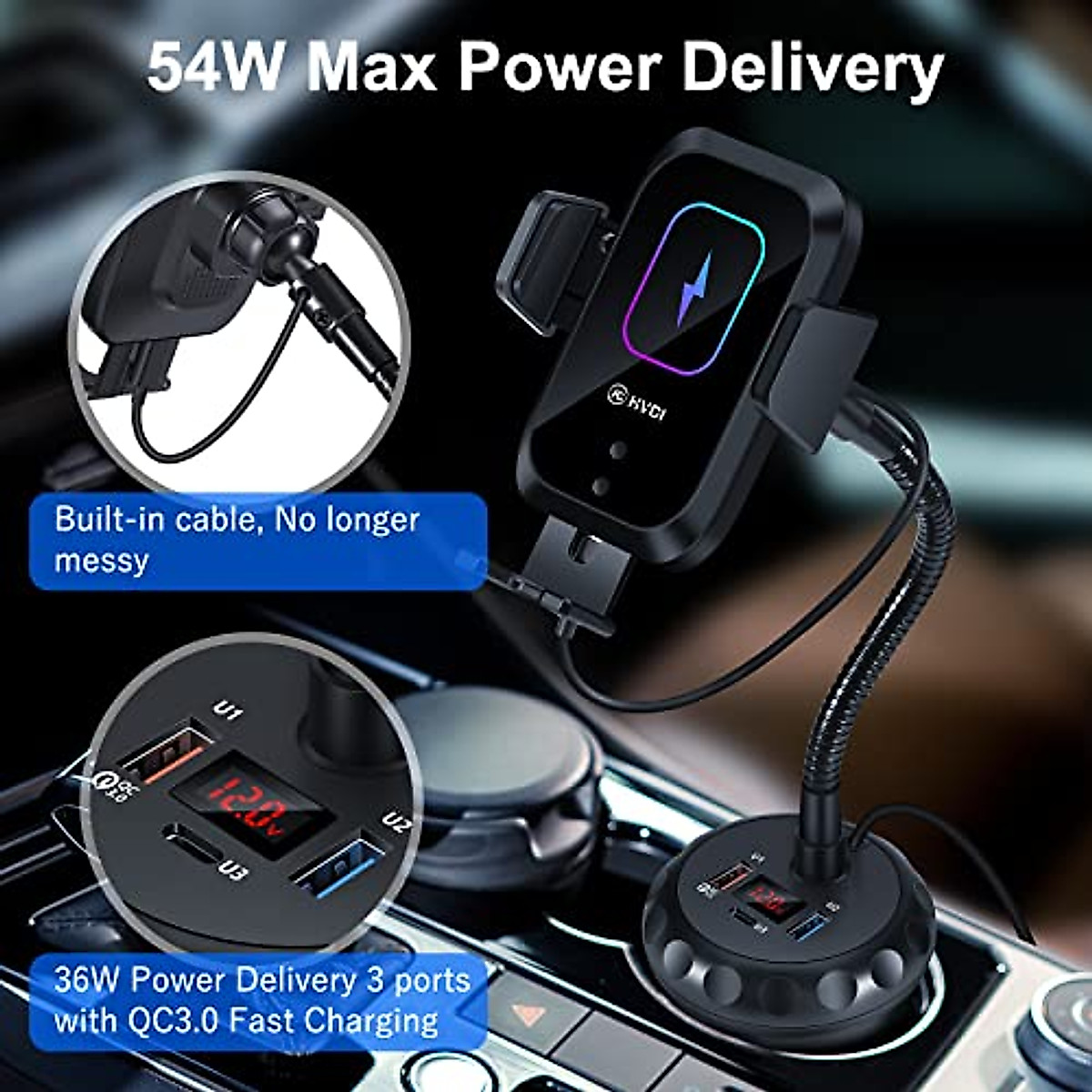 HVDI Cup Phone Holder Wireless Car Charger Mount, 3 Ports 54W Car Charger with 15W Qi Fast Charging Auto-Clamping Wireless Charger Adjustable Gooseneck Mount for iPhone Samsung Galaxy Note LG & More