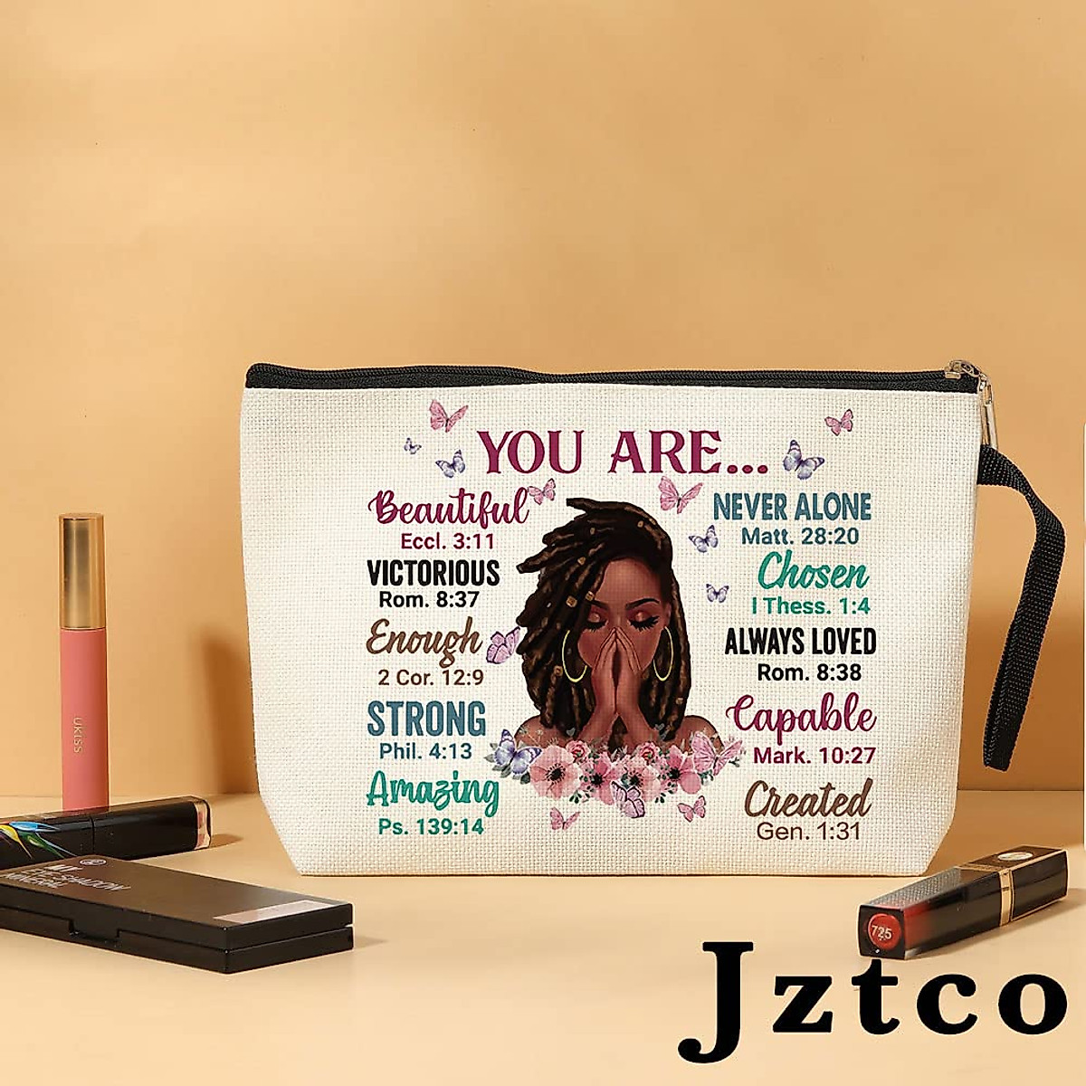 Jztco Inspirational Makeup Bag Christian Gifts You Are Beautiful Strong Amazing Created Travel Makeup Zipper Bag Girl for Women Friends Sisters Mom Aunt Faith Cosmetic Bag