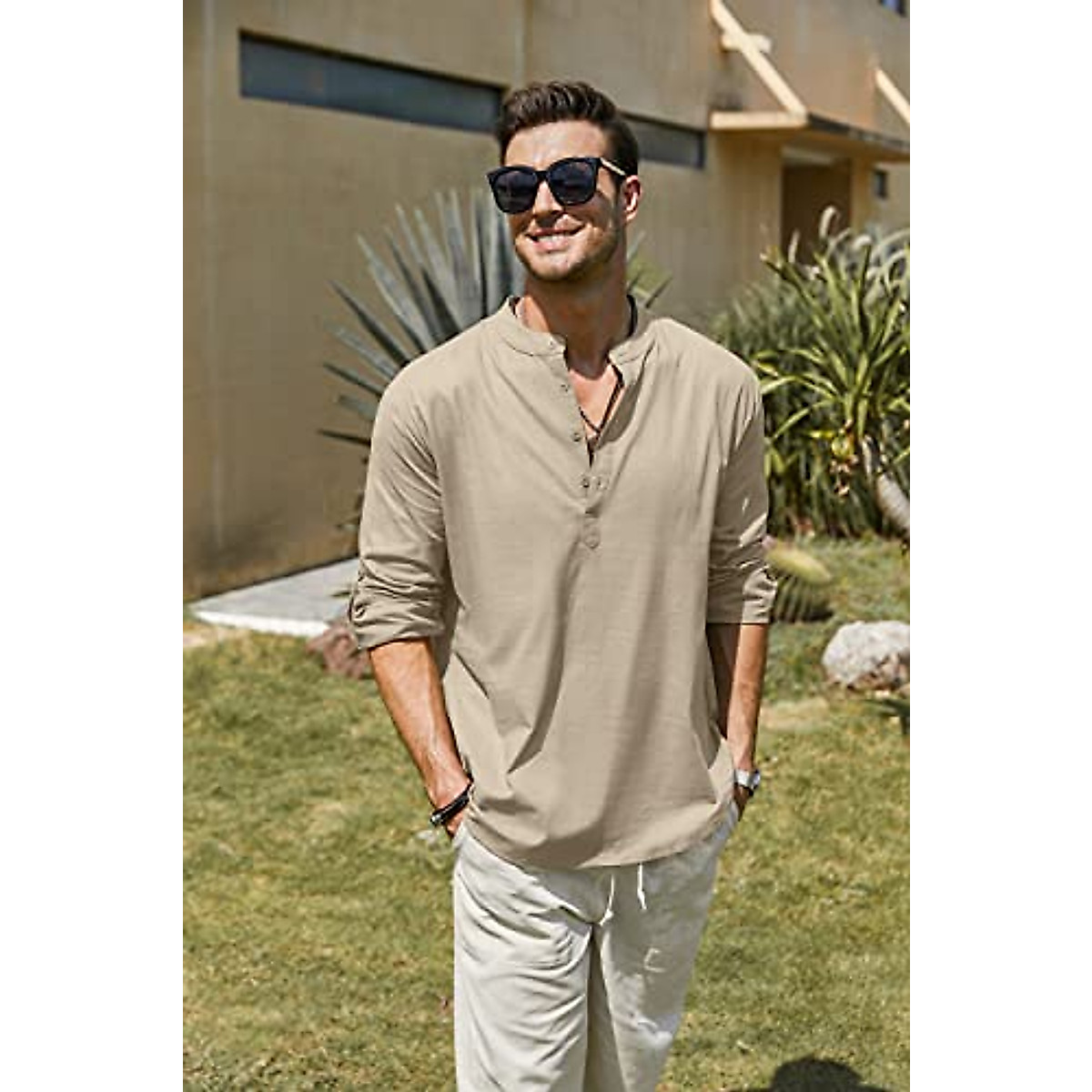 COOFANDY Mens Cotton Linen Henley Hippie Casual Beach T Shirt, Khaki, Medium, Long Sleeve