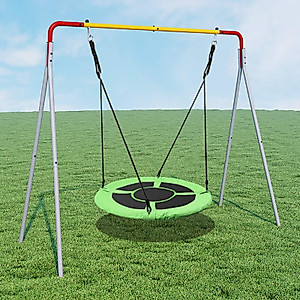 Odoland 40 inch Kids Saucer Tree Swing, Large Outdoor Chidren Round Rope Swing Installed on Tree and Backyard, 900D Waterproof Oxford Flying Saucer Platform Swing Great for 3 Kids or 1 Adult Green
