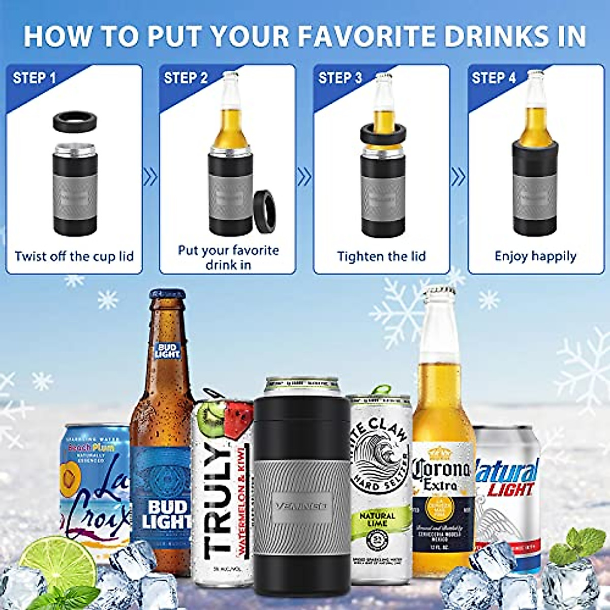 Vemingo 4-IN-1 Insulated Can Cooler, Double-Walled Stainless Steel Insulator for 12 OZ Standard Cans/Slim Cans & 12 OZ Bottles, for Women/Men
