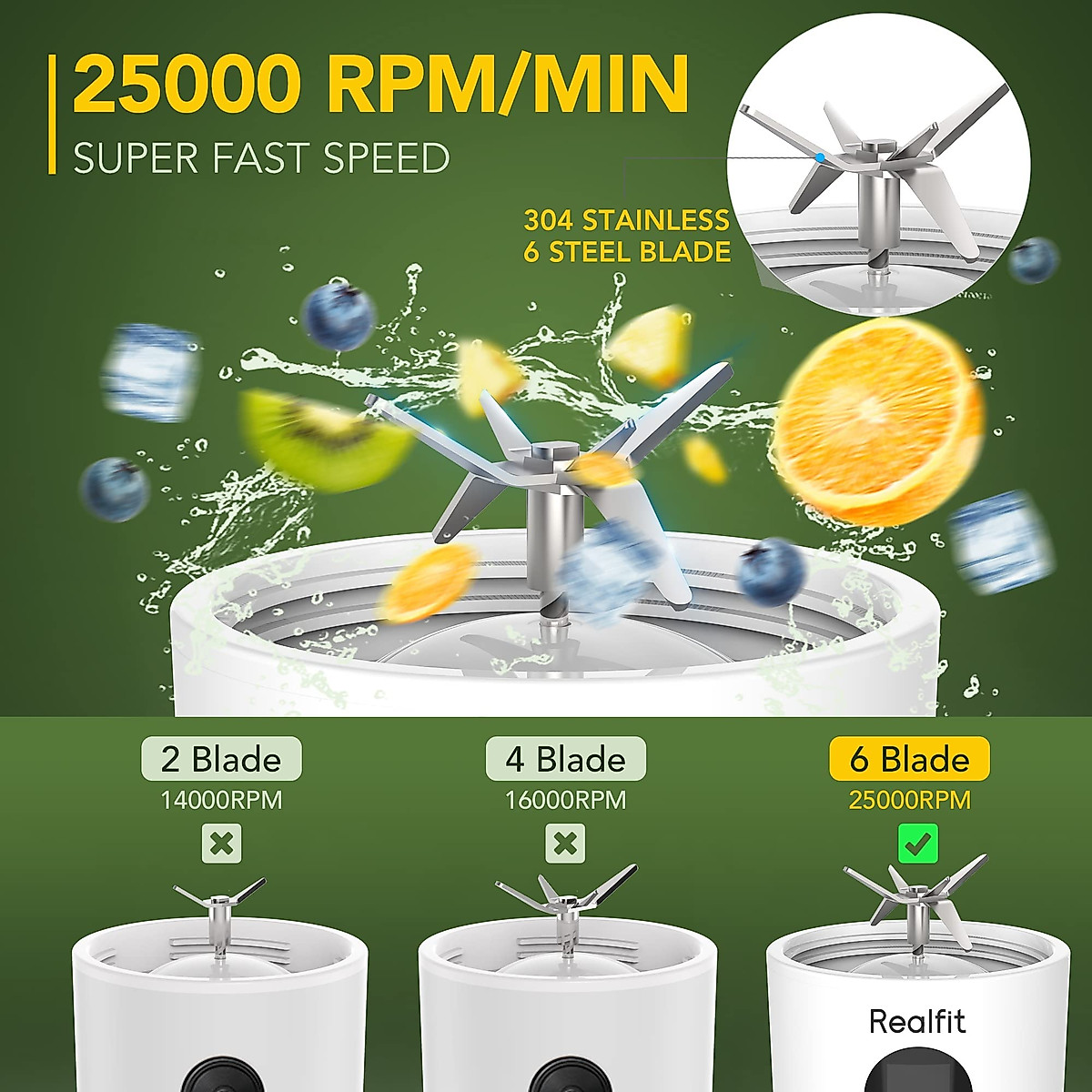 Portable Blender, Realfit 17 Oz Personal Small Blender Bottle with 4800mAh for Shakes and Smoothies, USB Rechargeable Mini Blender for Kitchen and Travel