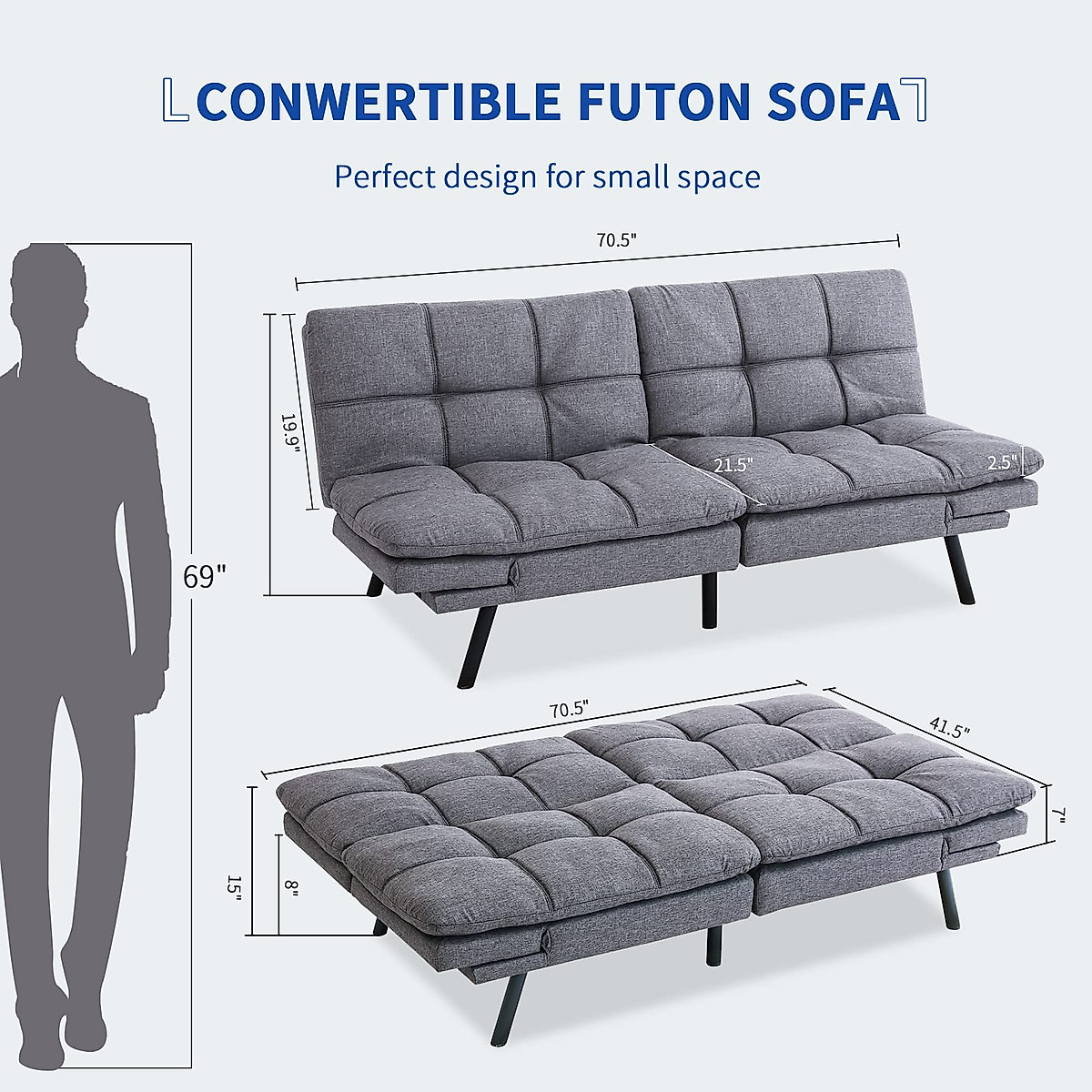 Opoiar Futon Sofa Bed, Faux Leather Memory Foam Couch Futon Sets, Convertible Sofa Daybed with Mattress Included, Modern Convertible Love seat Sofa Bed for Small/Compact Living Space, Black, 71 x 33 x 31.5 inches