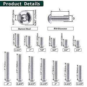 #10-32 x 3/4" (50 PCS) Button Head Socket Cap Bolts Screws, 304 Stainless Steel 18-8, Allen Hex Drive, Full Thread