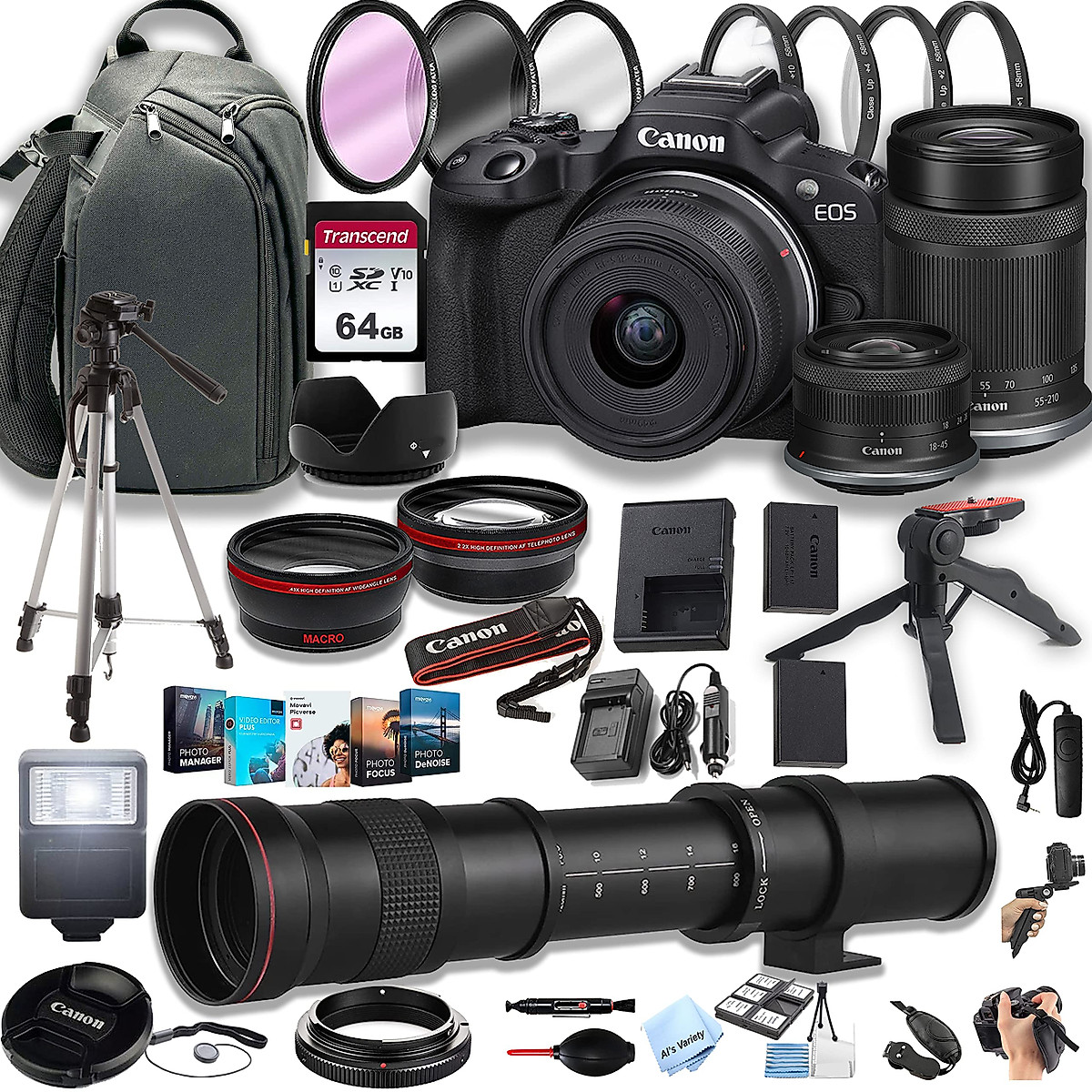 Canon EOS R50 Mirrorless Digital Camera with RF-S 18-45mm f/4.5-6.3 is STM Lens + 55-210mm f/5-7.1 is STM Lens + 420-800mm Super Telephoto Lens + 64GB Memory Cards, Professional Photo Bundle (44pc)