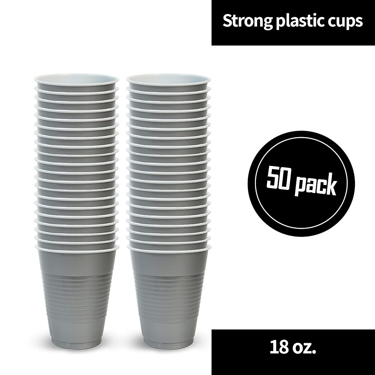 Silver Solid Color Premium Heavy Weight Plastic Cup (18 Oz.) 50 Count - Elegant & Durable, Perfect for Parties, Weddings & Everyday Use
