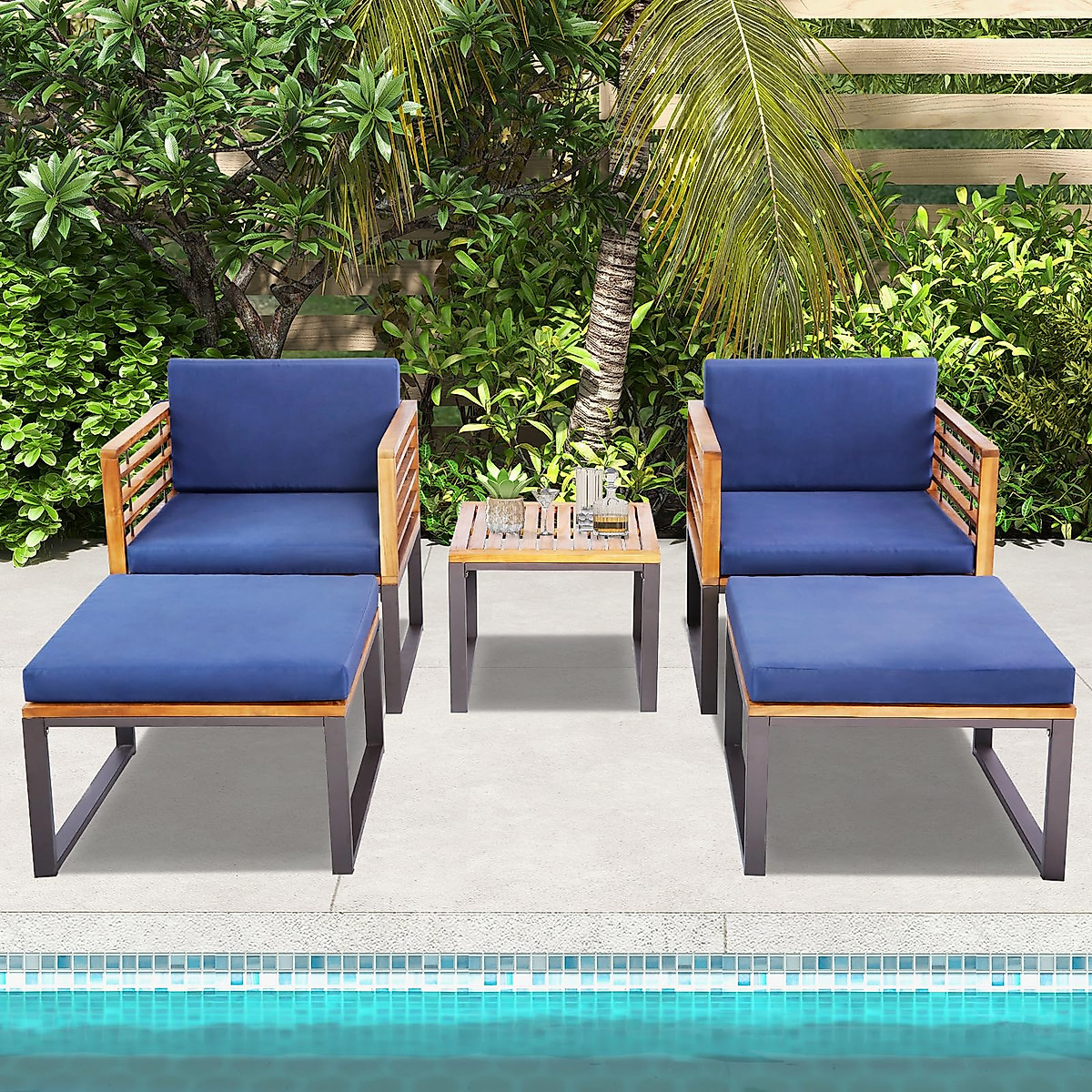 Tangkula 5 Piece Patio Chair Set, Acacia Wood Chair Set w/Ottomans & Coffee Table, Soft Seat & Back Cushions, Outdoor Wood Furniture Set for Backyard, Poolside, Garden