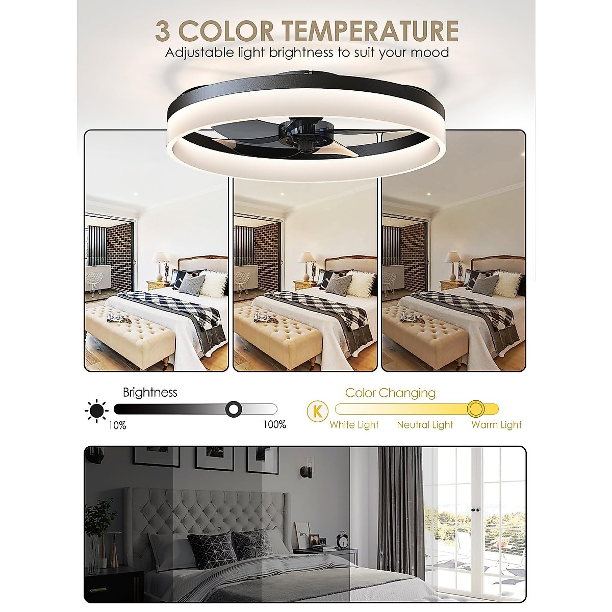 ERYAHRT Low Profile Ceiling Fan with Light Remote Control, Semi Flush Mount Ceiling Fans with 5 Invisible Blades, Dimmable Led Ceiling Fan Reversible Blades Timing, Black