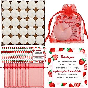 Kosiz 150 Pcs Strawberry Baby Shower Favors 50 Pcs Tea Light Candles for Guests Cute Baby Shower Candle with 50 Pcs Thank You Tags 50 Pcs Return Gift Bag for Girl Gender Reveal Baby Shower Party Favor