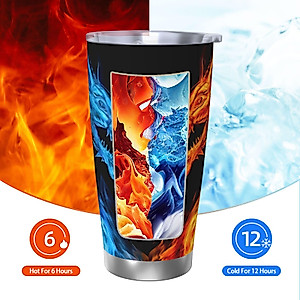 Groamaup 20oz Dragon Stainless Steel Insulated Tumbler with Lid and 3pcs Straw Sets, Water and Fire Car Cup for Cold and Hot Drinks, Coffee Mug for Travel Office and Home Use