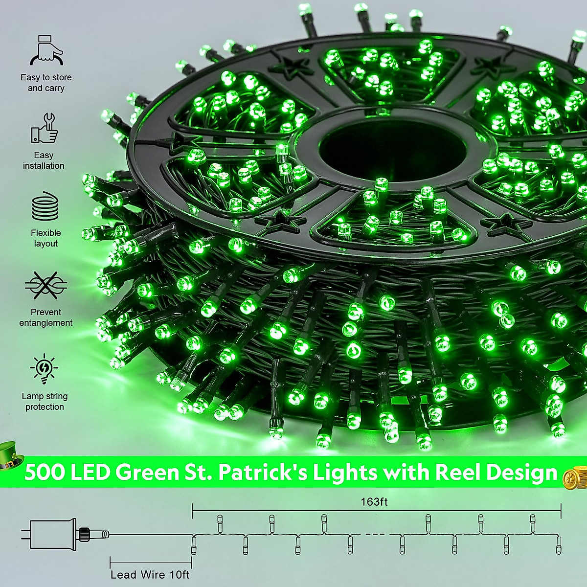 JMEXSUSS 500 LED Green St Patricks Day Lights, 8 Modes Christmas Lights Outdoor Plug in, 173ft Green String Lights for Christmas Party Xmas St Patricks Day Decorations