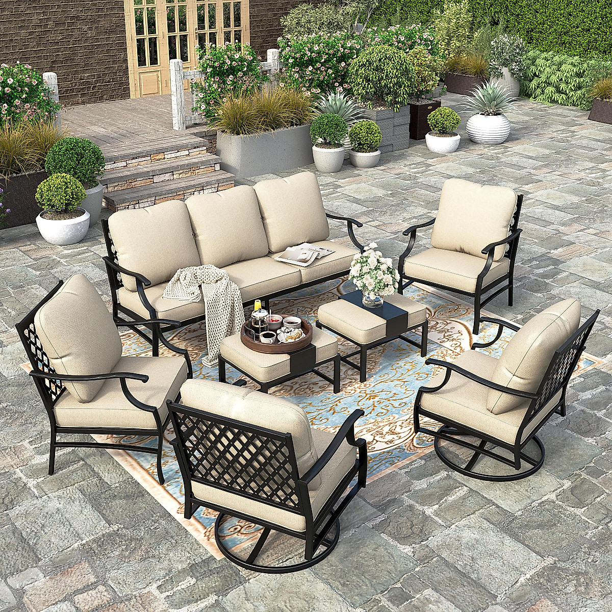 HERA'S HOUSE 7 Piece Patio Furniture Set, 2 x Swivel Chair, 2 x Fixed Chair, 2 x Ottoman, 1 x 3-Seat Sofa, All Cushioned Outdoor Conversation Set for Lawn Garden Backyard