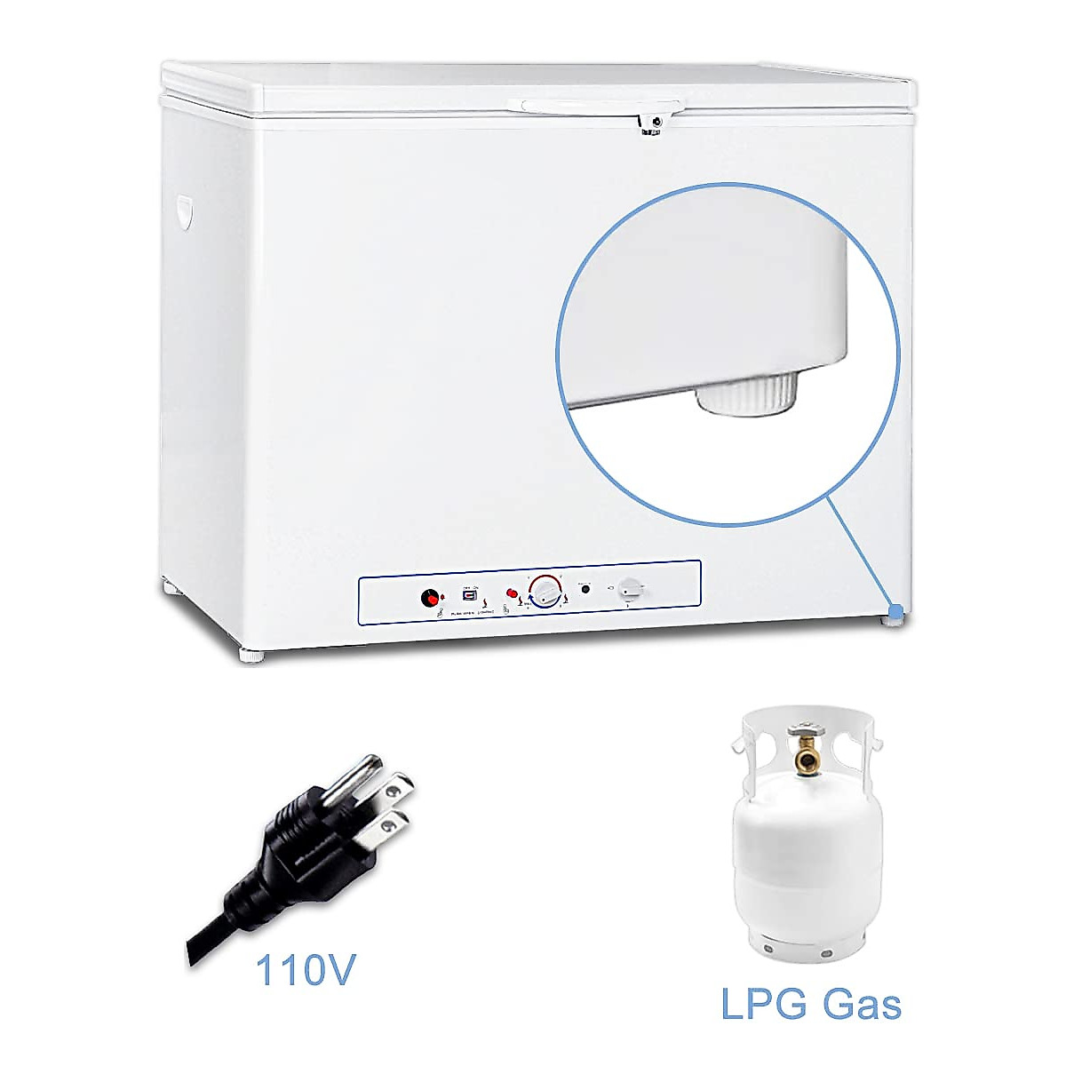 Techomey Propane Freezer 7 Cu.Ft, 110V/LPG Deep Chest Freezers with Lock, Top Open Door, 2-Way Off-grid Gas Freezer for Outdoor, Camping, Boondocking, White