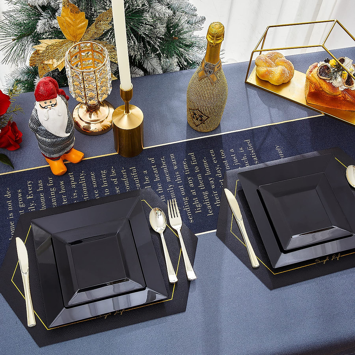 N9R 60 Pack Black Square Plastic Plates (9.5'' Dinner, 6.5'' Dessert/Salad) - Classic, Disposable, BPA Free, Reusable & Recyclable - Great for Parties & Weddings