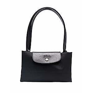 Longchamp Womens Le Pliage Green Shoulder Leather Trim Tote Handbag Black Large