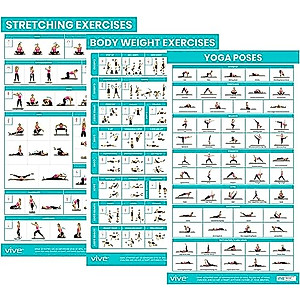 Vive Workout Posters for Home Gym (3 Pack) - Bodyweight, Yoga Poses, Stretching Exercises - Home Equipment Accessories Fitness Guide Chart Motivation Sequence for Women, Men, Kids - Laminated, Colored