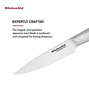 KitchenAid Gourmet Forged Stainless Steel Serrated Utility Knife with Custom-Fit Blade Cover, 5.5-inch, Sharp Kitchen Knife, High-Carbon Japanese Stainless Steel Blade, Brushed Stainless Steel Handle