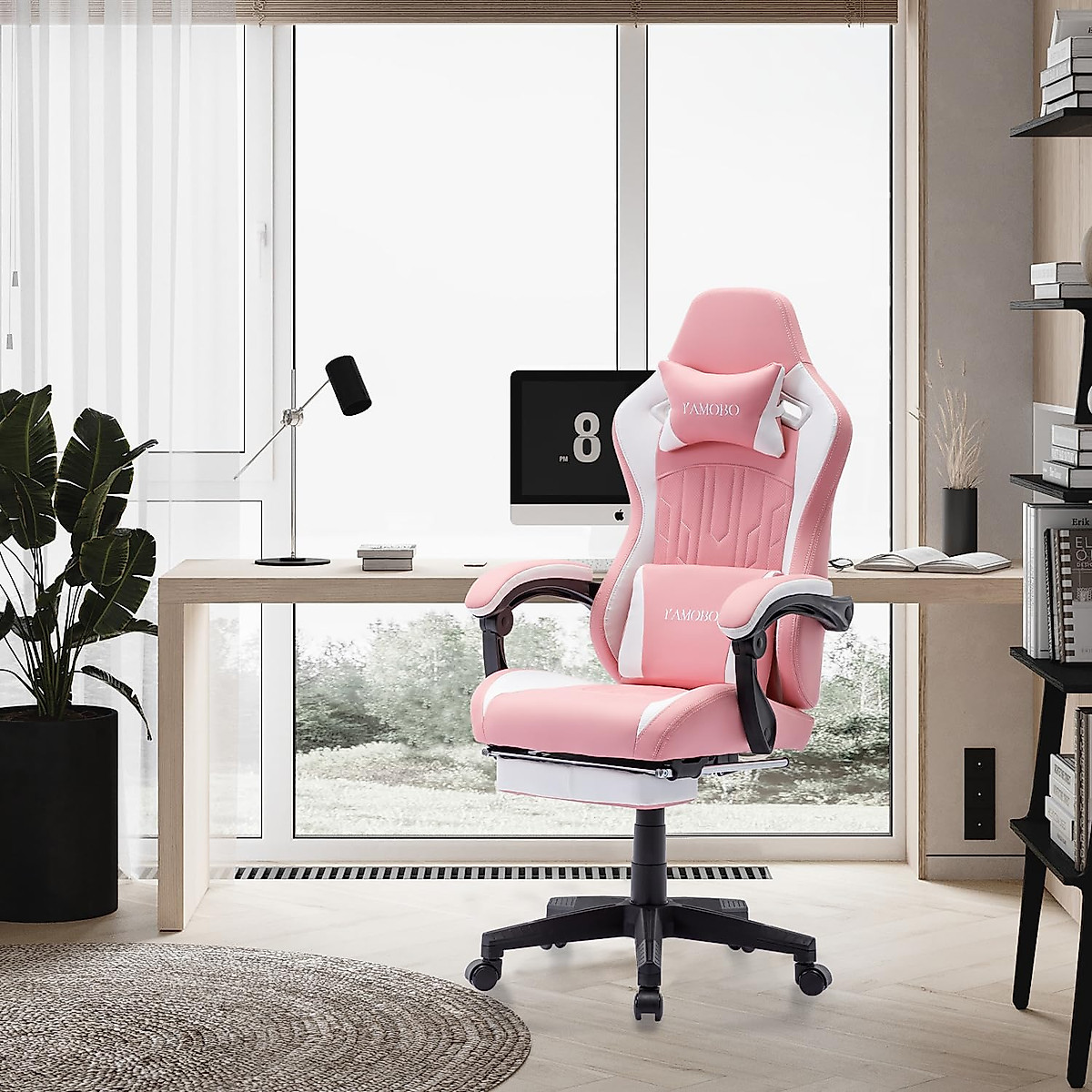 YAMOBO Gaming Chair with Footrest, Ergonomic Computer Gaming Chair with Massage Lumbar Support, High Back PC Gamer Chair for Adults with Linkage Armrests, Reclining Big and Tall Gaming Chair, Pink