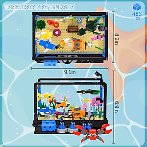 Tenhorses Fish Tank Building Block Set, Lighting Aquarium Sets Including Marine Life, a Submarine and a Treasure Chest, Building Block Toy for 6+, Gift for Sea Lovers.