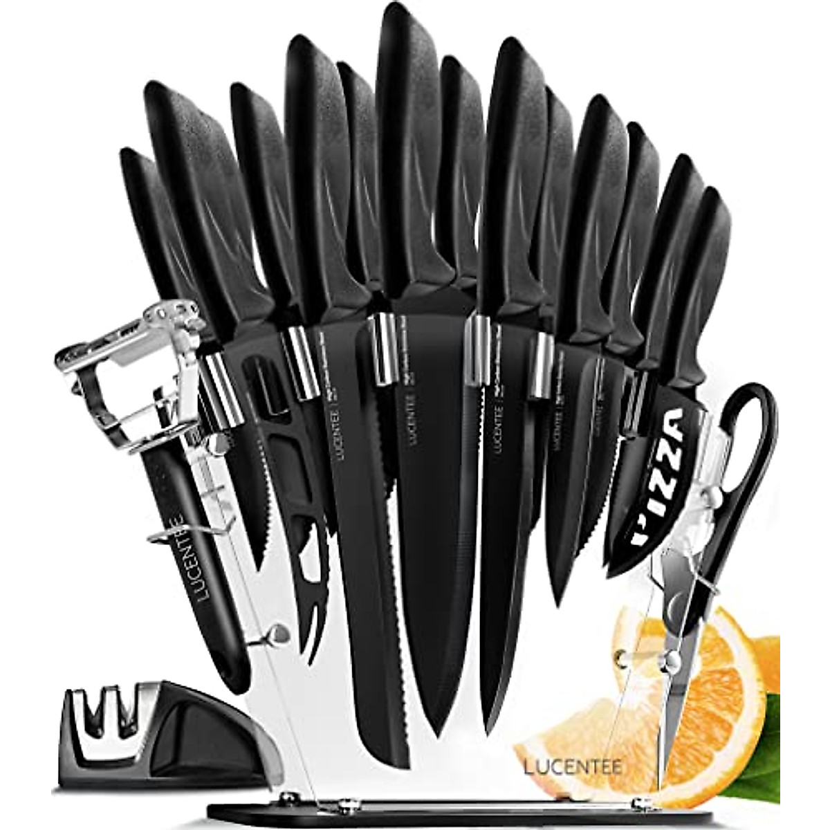 17pc Kitchen Knife Set, Kitchen Gadgets with Steak Knives, Knives Set for Kitchen, Chef Knife Set, Black Knife Set, Ultra-Sharp Ergonomic Steak Knife Set with Scissors, Peeler and Knife Sharpener