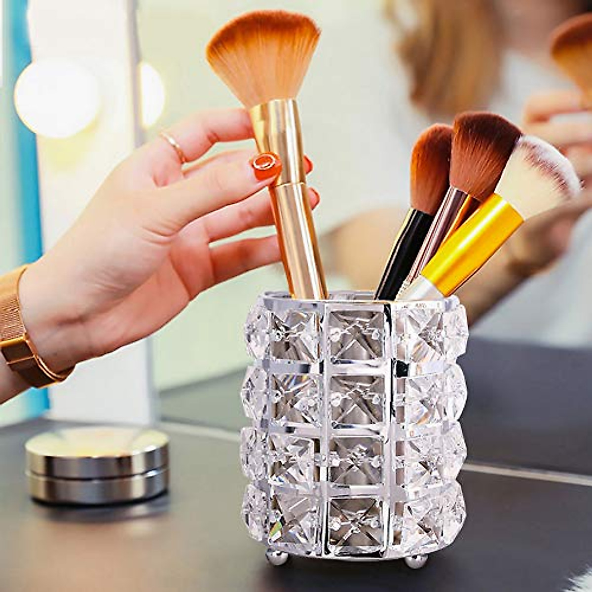 Tasybox Crystal Makeup Brush Holder Organizer, Handcrafted Cosmetics Brushes Cup Storage Solution (Silver)