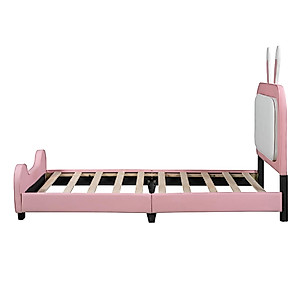 Harper & Bright Designs Kids Twin Upholstered Princess Bed with Rabbit-Shaped Headboard, Cute Twin Size Platform Bed Frame, No Box Spring Needed (White+Pink)