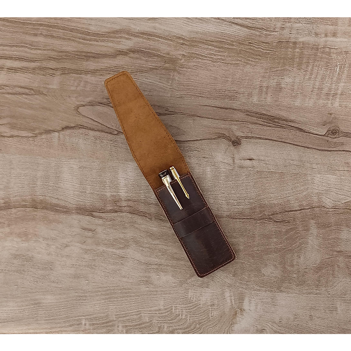 The Antiq Leather Pen Holder, Genuine 2 Pen Case with Tuck-in Flap, Brown Leather Case for Fountain, Ballpoint & Rollerball Pens, Travel Organizer, Luxury Executive Pen Storage Sleeve (2 Pen, Brown)