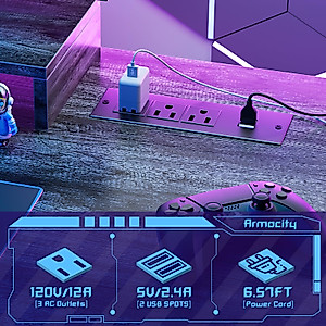 armocity 55'' Gaming Desk with Hutch and LED Lights, Gaming Computer Desk with Storage Shelves & Z-Shaped Legs, Reversible PC Gaming Desk with Pegboard, Ergonomic Desk for Bedroom, Grey Oak