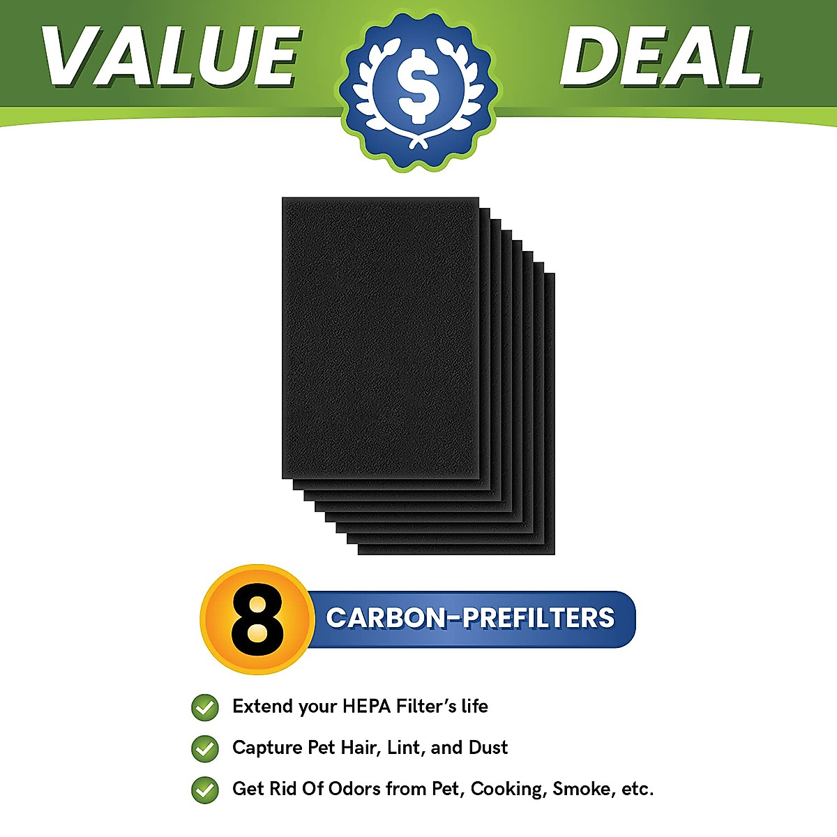 GOFIL 8 Pack Replacement Filters Includes 8 Carbon Pre-filters Compatible with Air Purifier Model HPA094/HPA100/HPA101/HPA104/HPA105/HA106