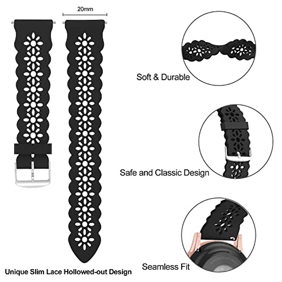 Bandiction 3 Pack 20mm Lace Silicone Band Compatible for Samsung Galaxy Watch 6 40/43/44/47mm, Watch 5 Pro 45mm, Classic 42mm 46mm/Watch 4 40mm 44mm/Watch 3 41mm/Active 40mm/Active 2 40mm 44mm Band