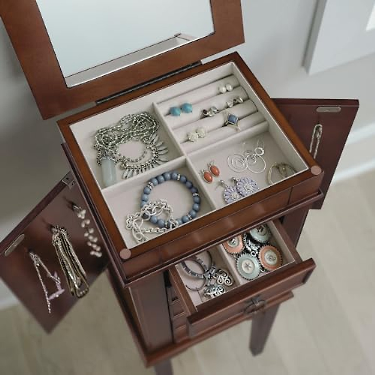 Hives and Honey Kennedy Jewelry Armoire - Modern Wood Storage Organizer with Necklace Hooks, 5 Drawers, and Vanity Mirror, Walnut