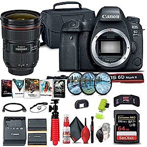 Canon EOS 6D Mark II DSLR Camera (Body Only) (1897C002) + Canon EF 24-70mm Lens + 64GB Memory Card + Case + Filter Kit + Corel Photo Software + LPE6 Battery + Flex Tripod + More (Renewed)