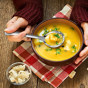 KEAWELL Premium 7.3 Inches Soup Spoons with Hook Handle, Set of 4, 18/10 Stainless Steel, Deep Bowl, Perfect for Ramen, Pho, Miso, Dumplings, Noodles, Wonton, Dishwasher Safe (Curved-Handle)