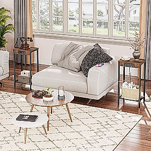 HOOBRO Tall Side Table with Charging Station, Industrial End Telephone Table with Mesh Shelf, Small Entryway Table, Slim Nightstand for Living Room, Hallway, Bedroom, Rustic Brown and Black BF08UDH01