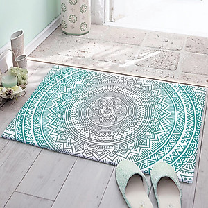 Door mat Turquoise Grey Flower Furry Door Mat Fluffy Area Rug - 18" x 30" Non-Slip Absorbent Bathroom Rugs, Floral Abstract Art Aesthetics Washable Indoor Carpet Runner for Bedroom Laundry