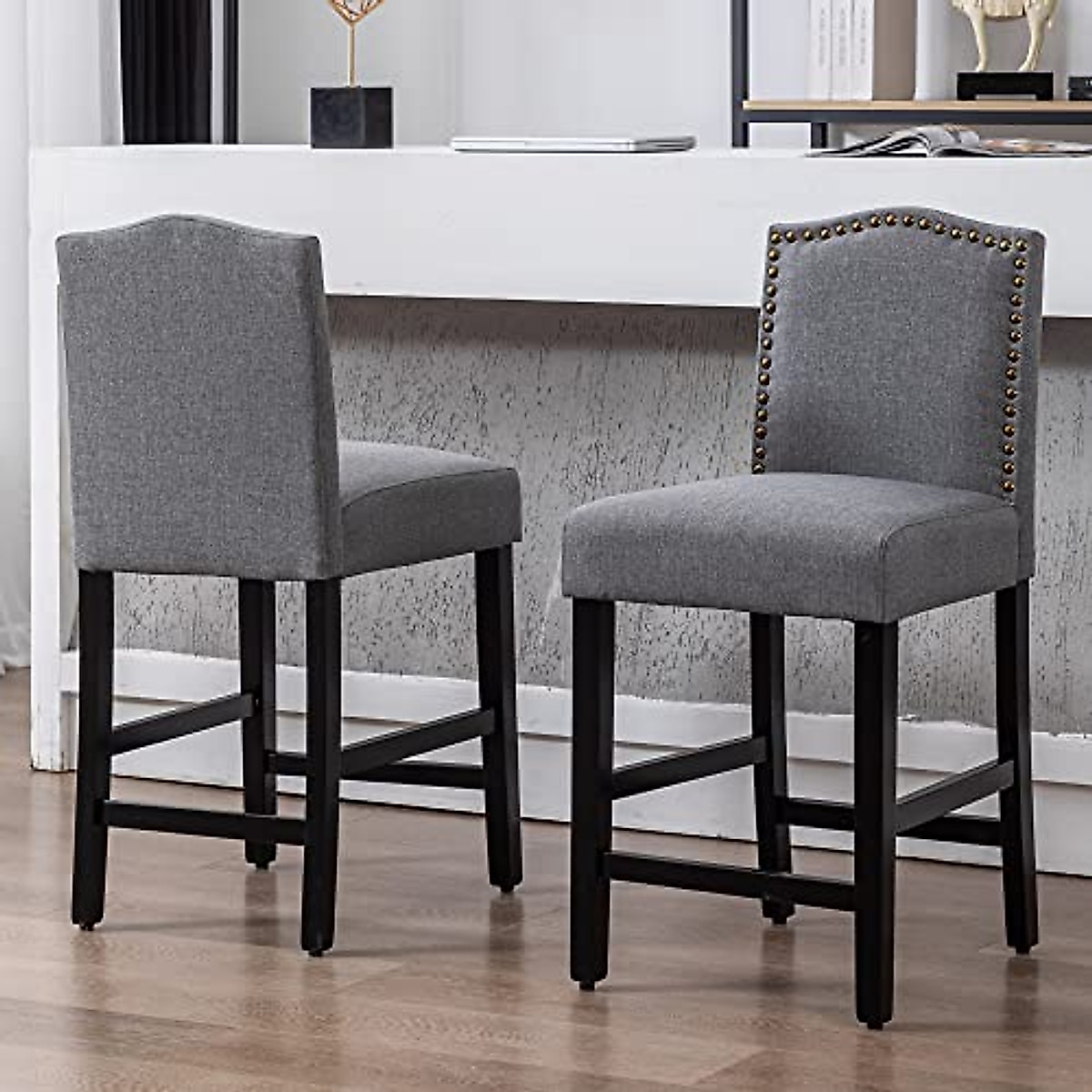 GOTMINSI Grey Counter Height Bar Stool 24 Inches Upholstered Back Barstool with Antique Gold Nail Heads Solid Wood Set of 2 Counter Height Bar Chairs