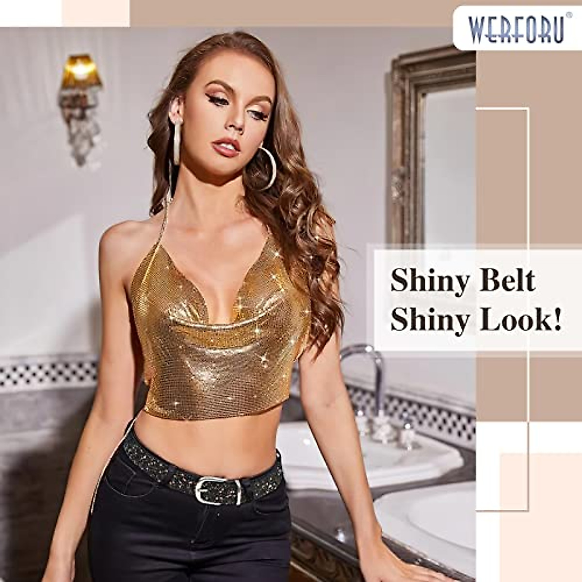 WERFORU Women Shiny Bling Sequins PU Leather Waist Belt for Jeans Dress with Silver Pin Buckle, Black, Fit Waist Size 43-47 Inches-