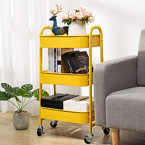 AGTEK Makeup Cart, Movable Rolling Organizer Cart, 3 Tier Metal Utility Cart, Yellow