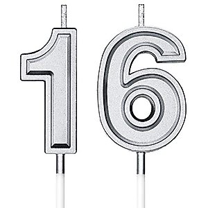 16th Birthday Candles Cake Numeral Candles Happy Birthday Cake Candles Topper Decoration for Birthday Wedding Anniversary Celebration Supplies (Silver)