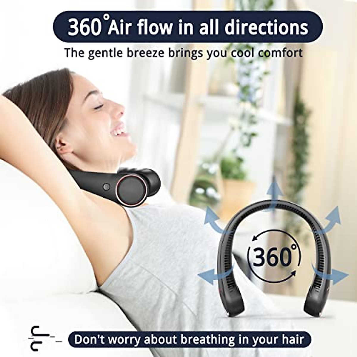 FrSara Neck Fan, Bladeless Portable Neck Fan, Adjustable, 360° Cooling,Super Quiet, No Blade Fan Design, No Hair Twisting, Even Air Volume On Both Sides, Non-Slip, Short Charging, Long Use Time